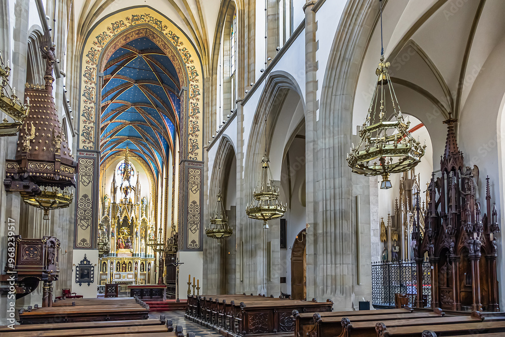 Interior of Gothic style Holy Trinity Basilica (Bazylika Swietej Trojcy ...