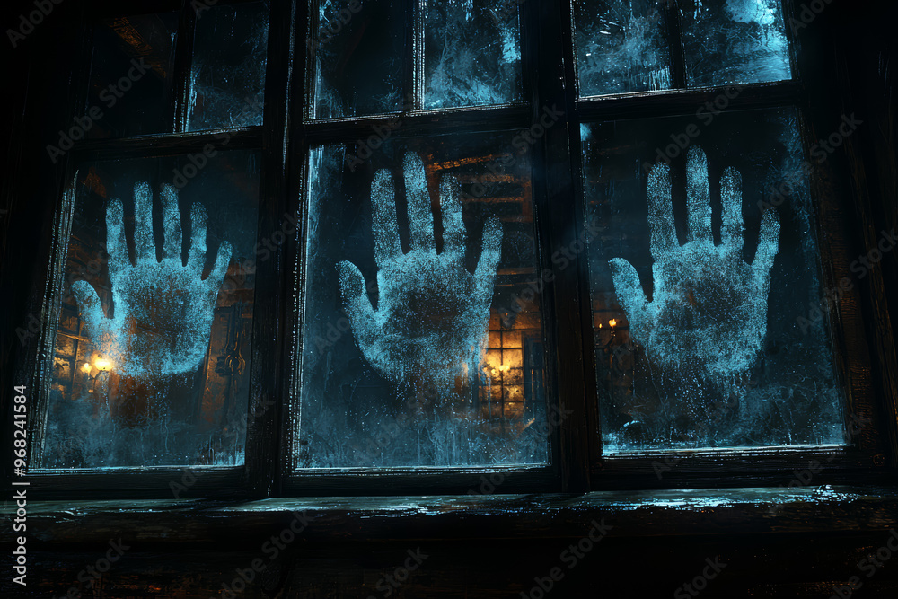 A series of ghostly handprints appearing on a misted-up window of an ...