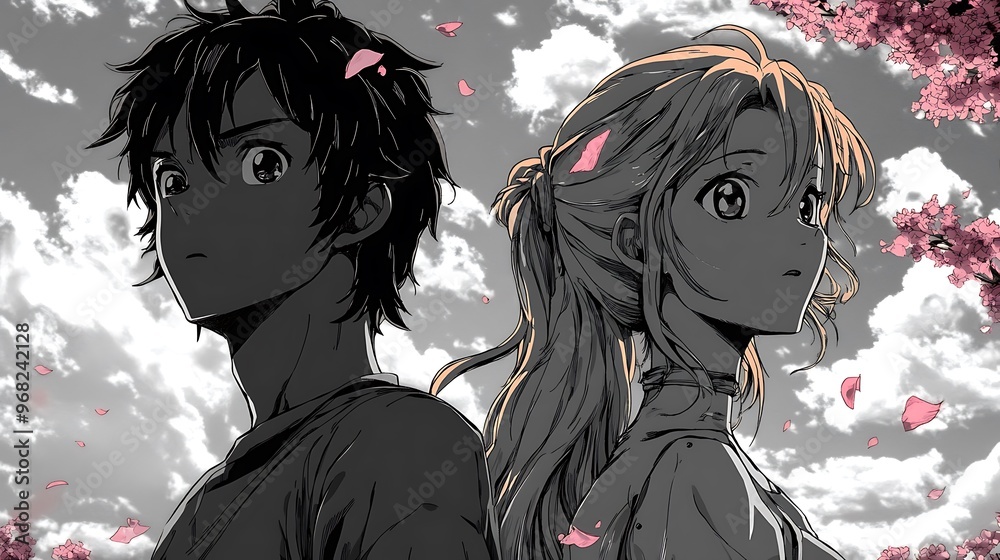 Anime couple standing back to back with pink cherry blossom petals ...