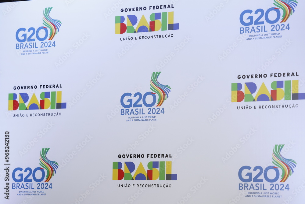 G20 Brazil 2024 Summit logo on wall. Symbol of the Group of 20 meeting ...