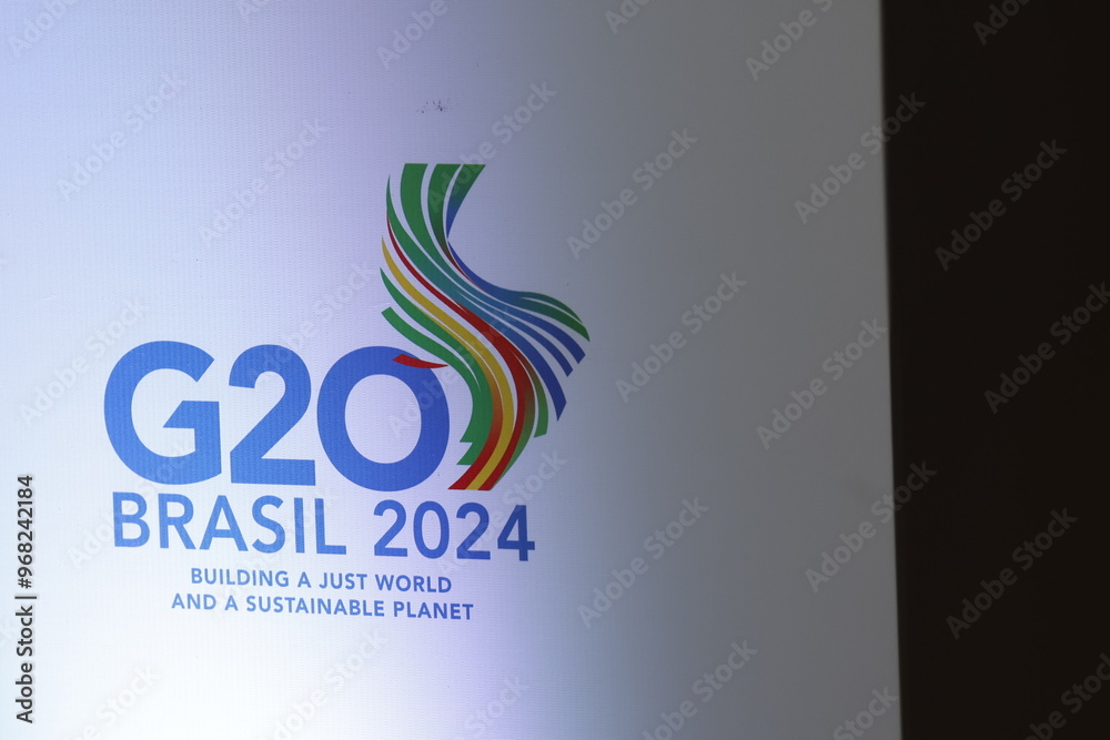 G20 Brazil 2024 Summit logo on wall. Symbol of the Group of 20 meeting ...
