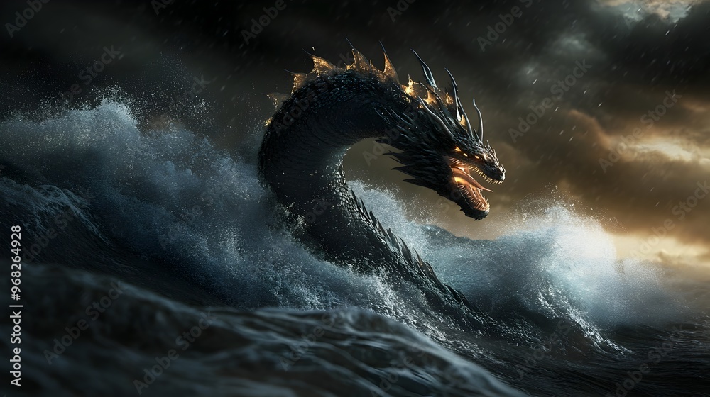 ภาพประกอบสต็อก Colossal Mythical Serpent Rises from Tumultuous Oceanic ...