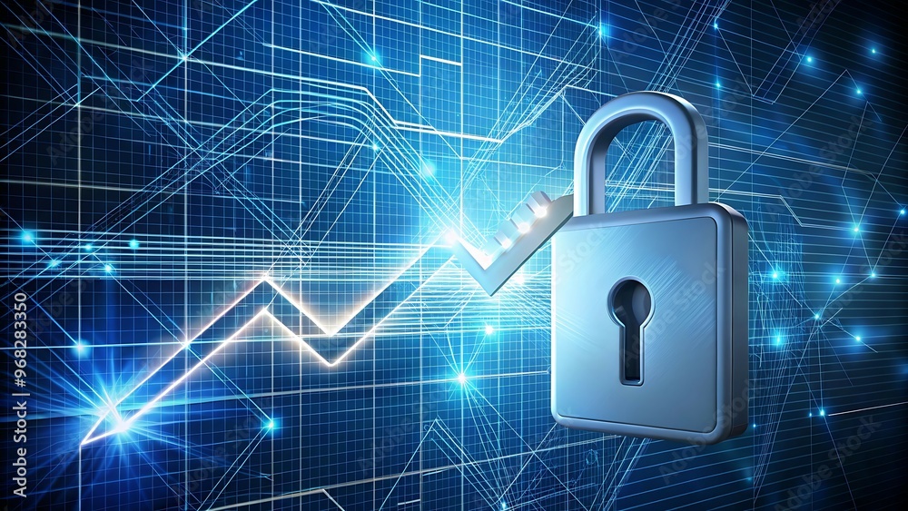 a digital lock and key managed by AI algorithms, with a rising arrow, symbolizing enhanced ...