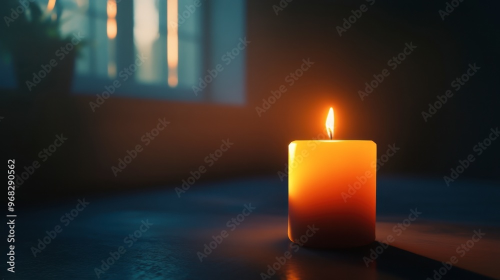 A candle burning in a dimly lit room, with the flame providing the only ...