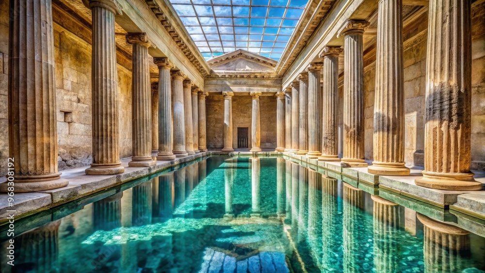 Clear water in a pool inside an ancient Greek temple with towering ...