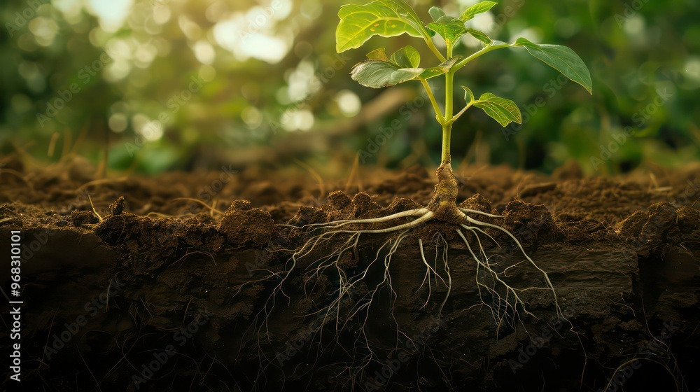 seed in the dirt with visible roots, about to sprout. This underground ...