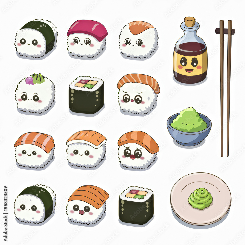 Cute Cartoon Sushi Characters with Different Emotions, Soy Sauce Bottle ...