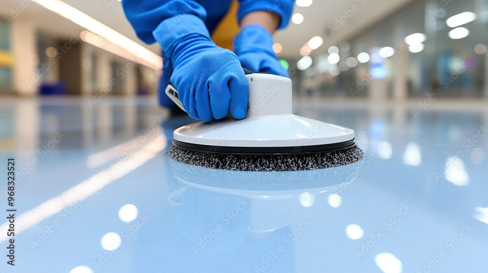 janitorial staff member uses a focused round cleaner machine to polish ...