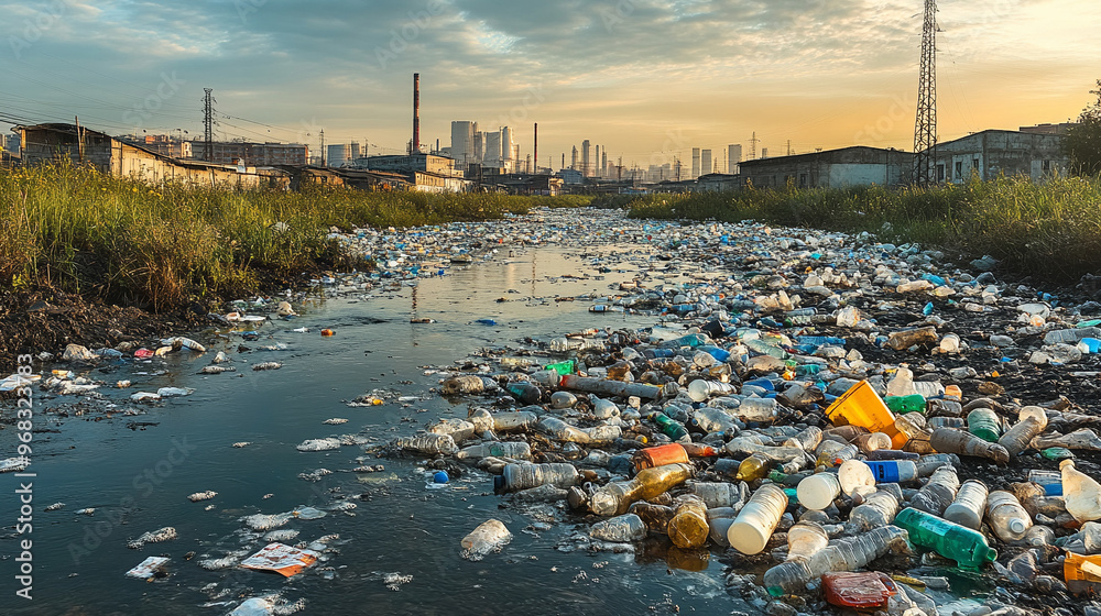 polluted river contaminated by industrial chemical waste, with murky ...