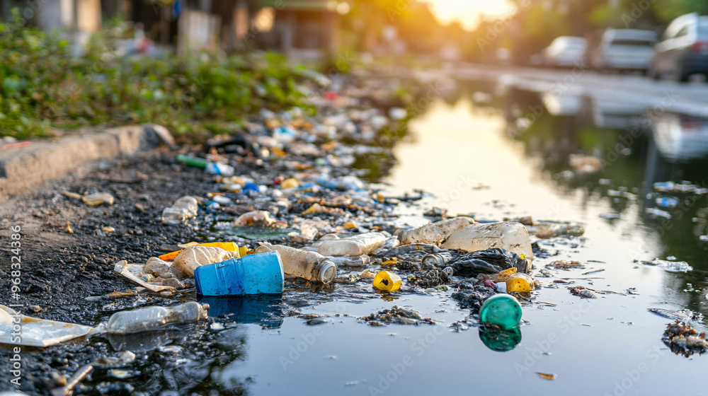 polluted river contaminated by industrial chemical waste, with murky ...