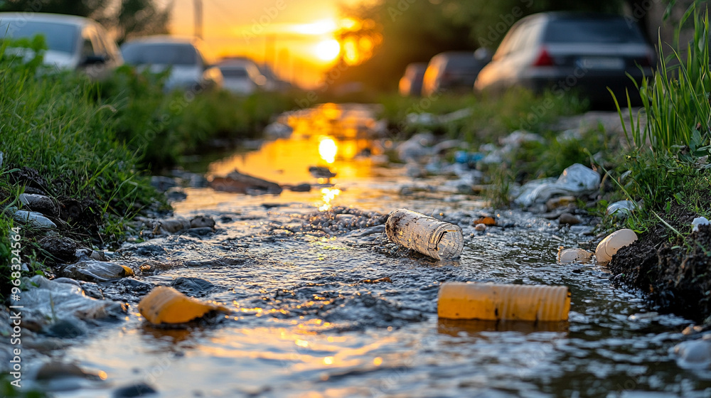 polluted river contaminated by industrial chemical waste, with murky ...