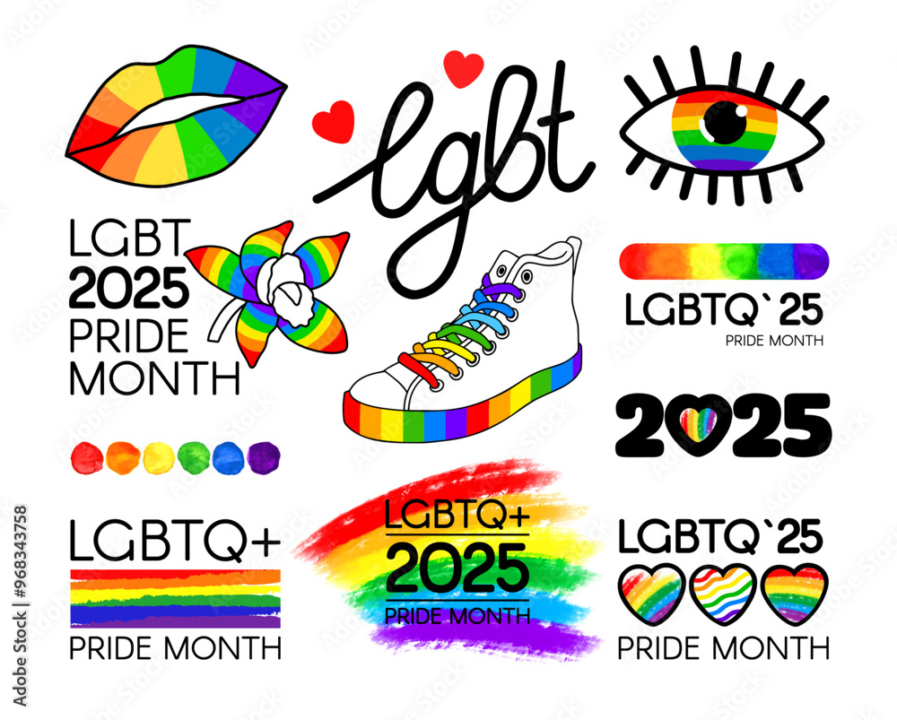big Set of LGBT Pride Month 2025. LGBT flag brush stroke, logos ...