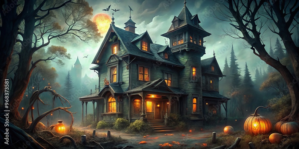 Shadows creep across the crumbling facade of the haunted mansion, where ...