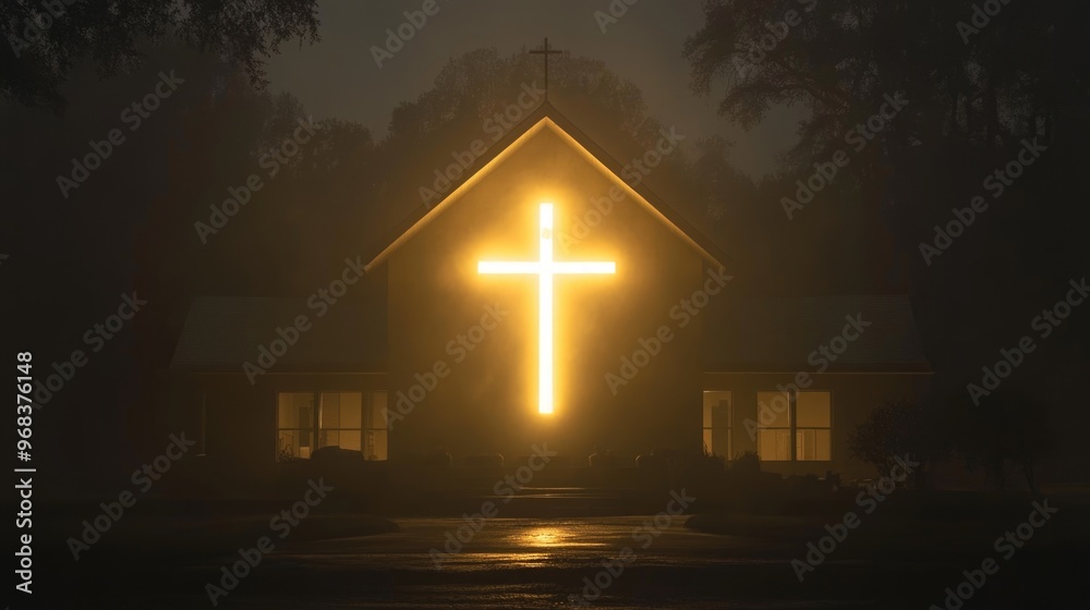 A church bathed in the glow of a cross, illuminated from behind by a ...