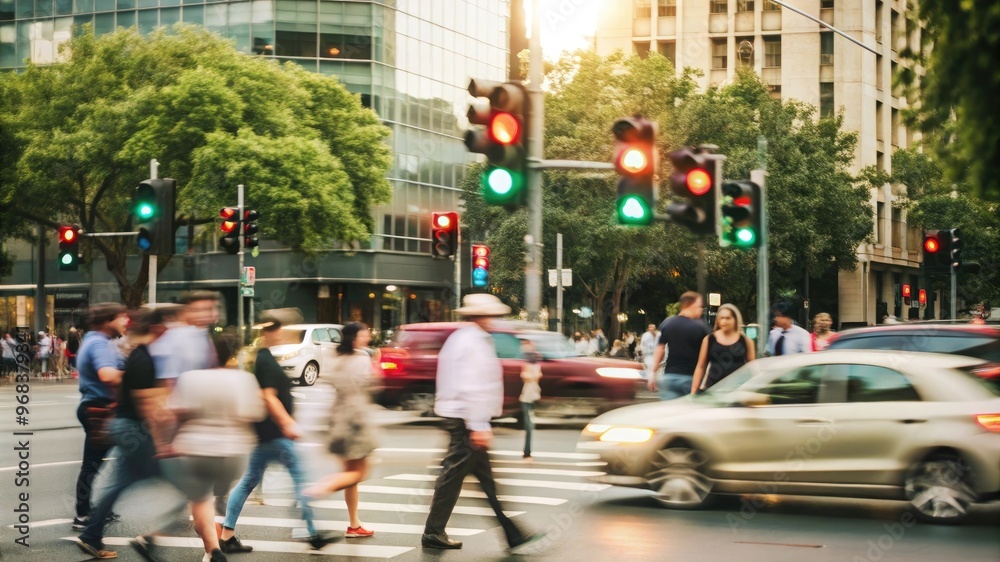 Traffic lights on a corner of a bustling city street, with pedestrians ...