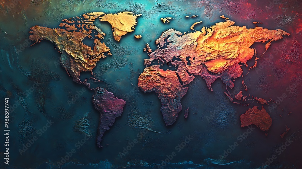 Illuminated Topographical World Map with Dramatic Side Light Creating ...