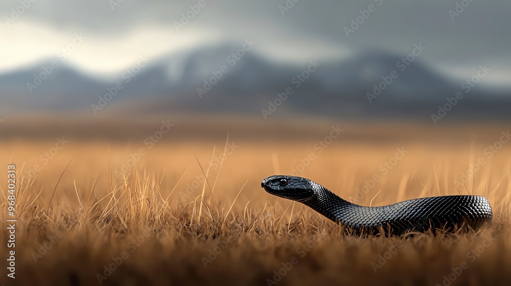 Black Mamba snake slithering through a savanna, its sleek black body ...