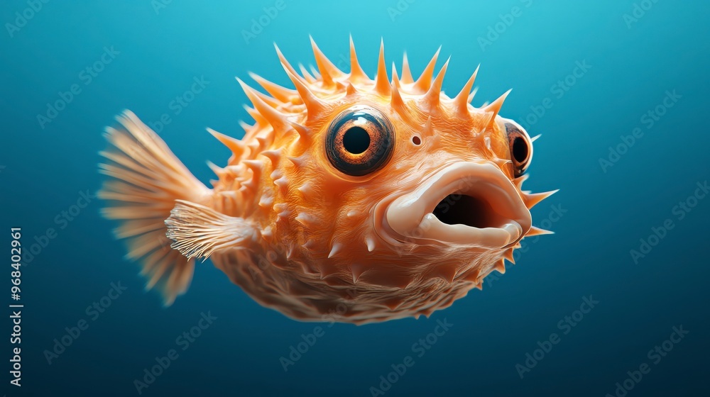 Pufferfish Fugu inflated and floating in a tranquil ocean scene, with ...