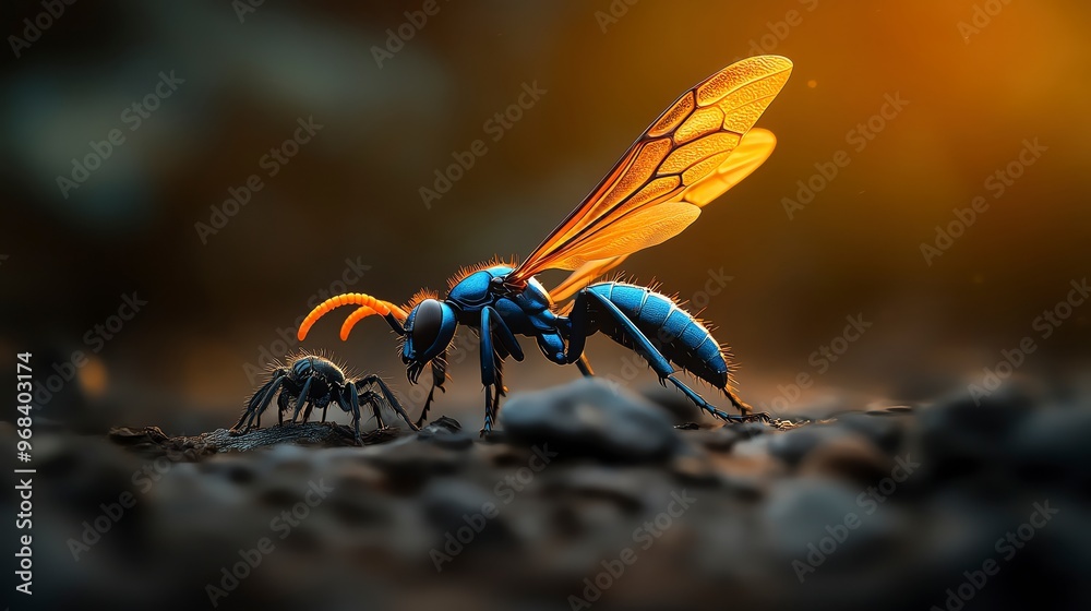 Tarantula Hawk Wasp hovering over a tarantula in a forest floor, its ...