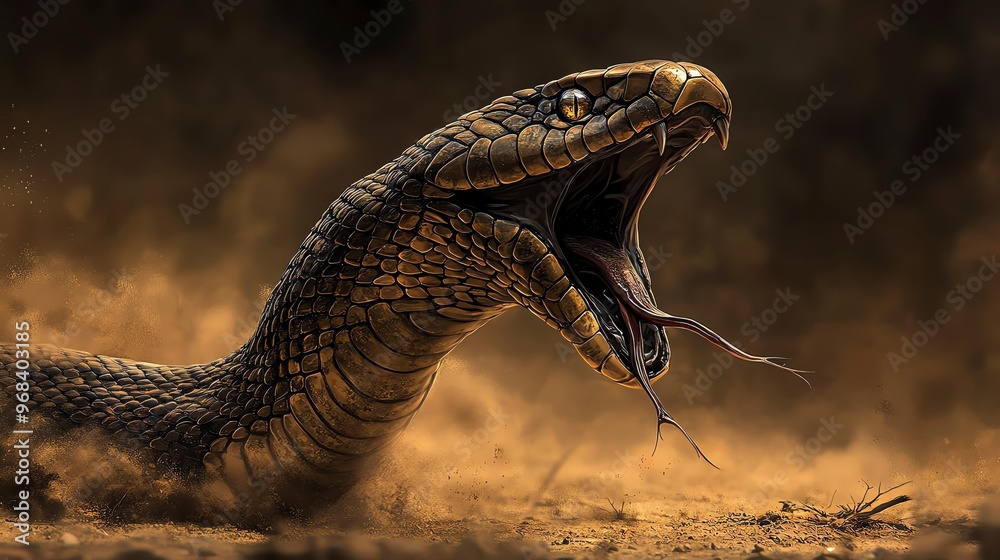 Spitting Cobra rearing up in defense, spitting venom toward the viewer ...