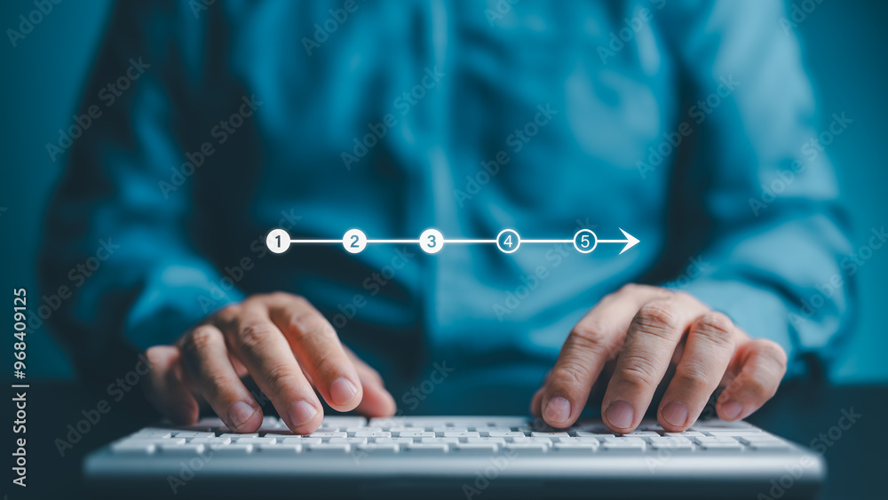 Business plan progress step, Man with a computer keyboard and step checklists with progressive ...
