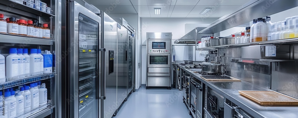 Industrial kitchen with neatly stored chemicals, separated from food ...