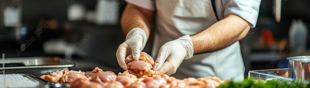 Kitchen worker wearing gloves and apron, properly handling raw chicken ...