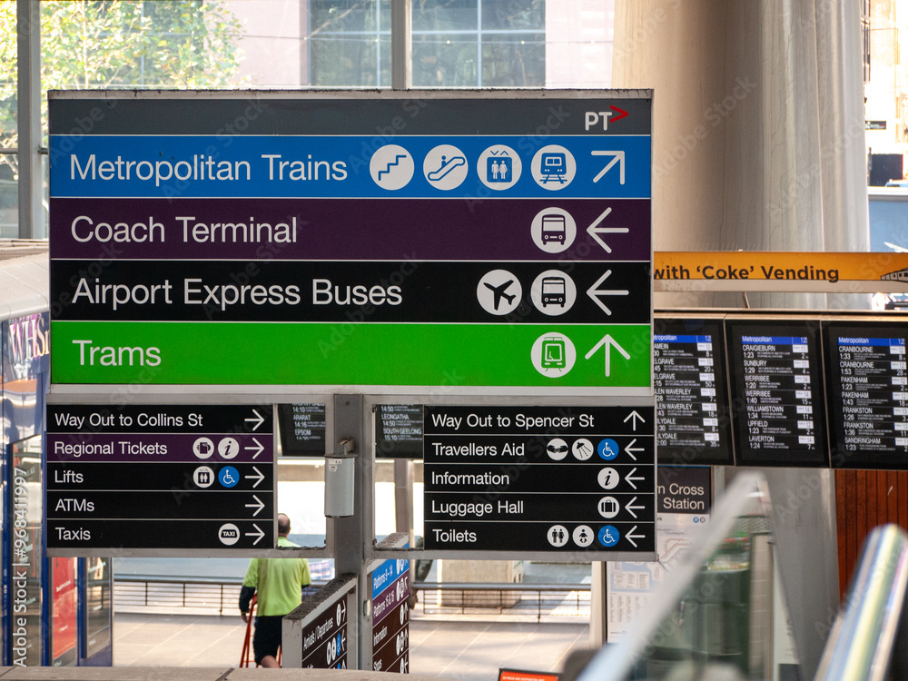 a sign indicates the availability of Metropolitan Trains, Coach ...