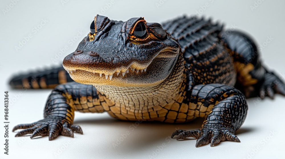 Full-body shot of an alligator lying down on a white background ...