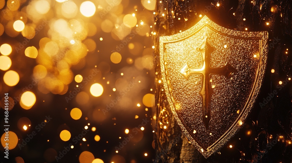 Elegant Shield in Pure Gold Set Against a Gold Background, Highlighting ...