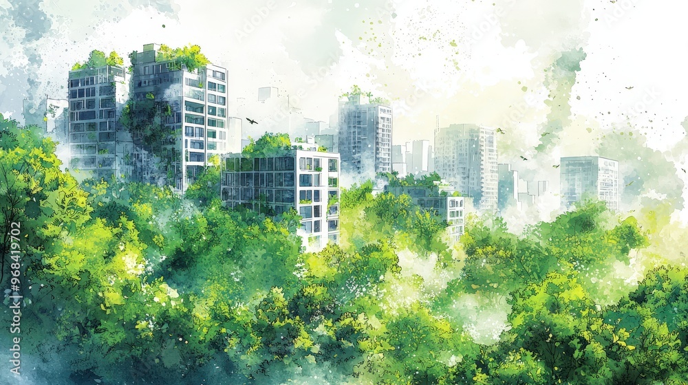 Watercolor depiction of a green city, fresh air, combating air ...