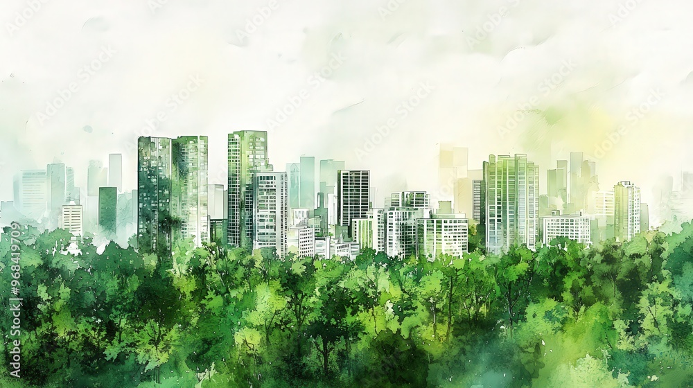Watercolor depiction of a green city, fresh air, combating air ...
