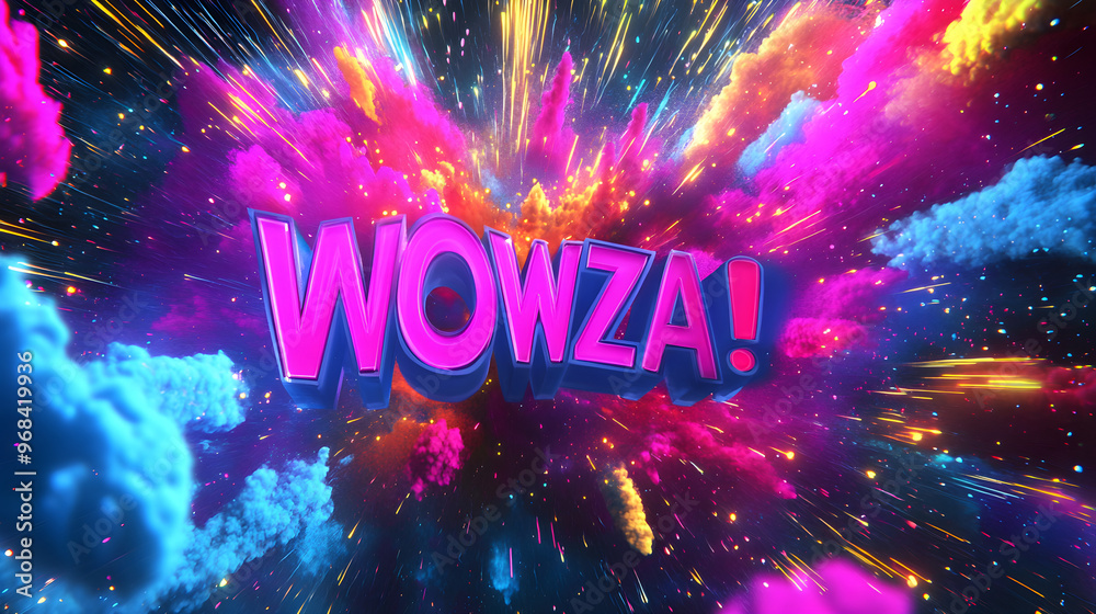 Speech bubble saying WOWZA!, exploding with bright neon colors and ...