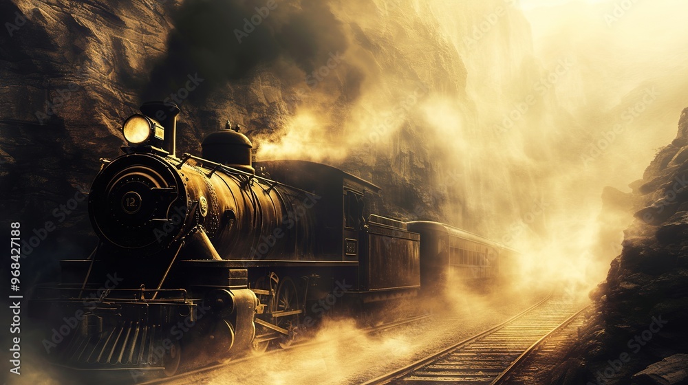 vintage poster with an epic retro train leaving a mountain tunnel from ...