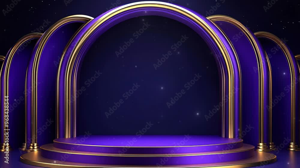 3D purple background with a golden stage and podium for an award ceremony. Stage or podium ...