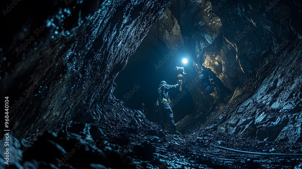 23. Close-up of miners using high-tech drills in a dark underground ...