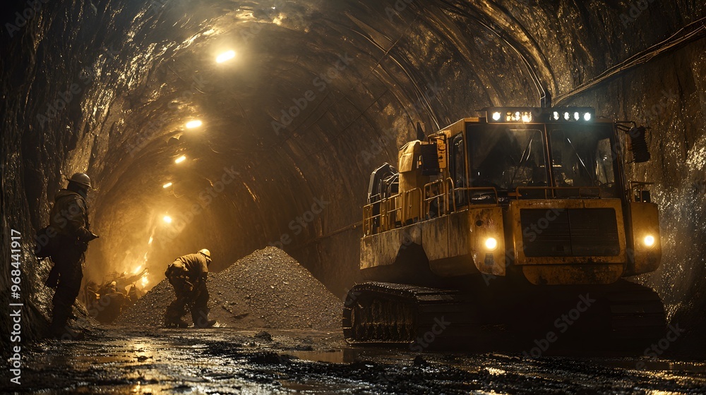 69. Miners in full gear working in a dimly lit underground tunnel ...