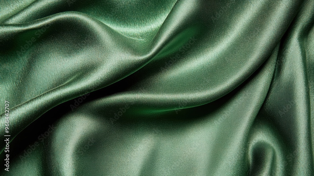 The rich texture of green silk fabric flows gracefully, revealing its ...