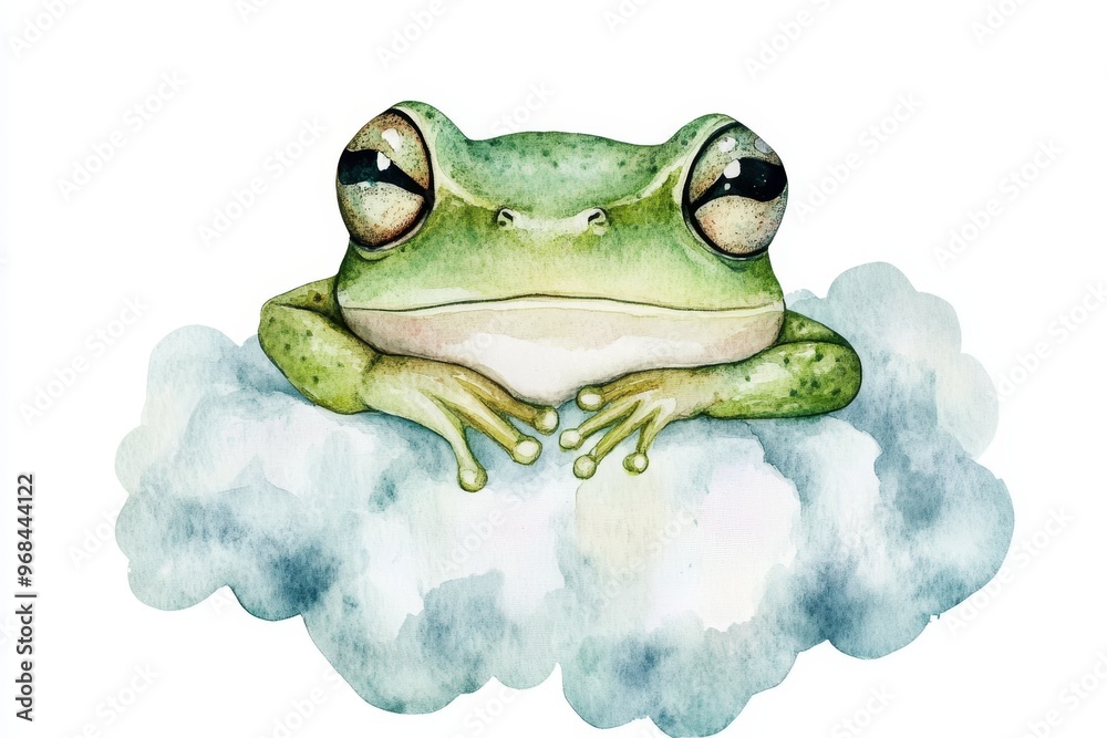 A charming watercolor illustration of a cute little frog peacefully ...