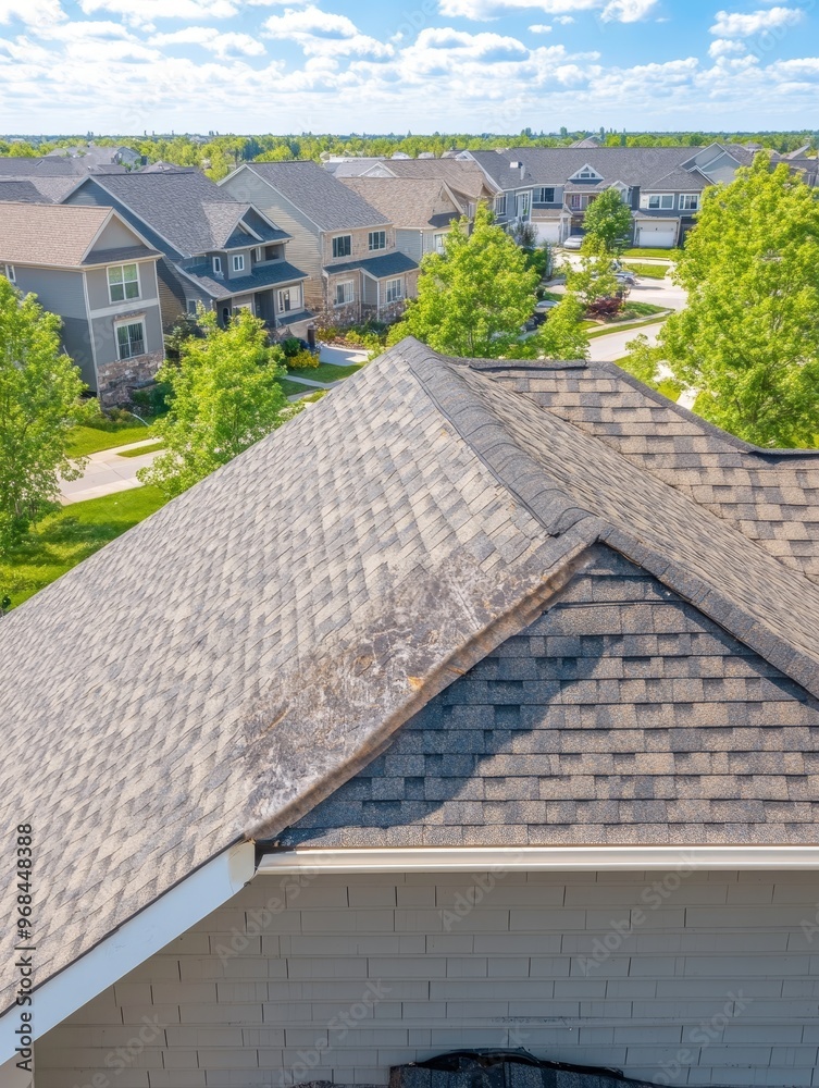 A close-up aerial view of a residential roof with visible hail damage ...