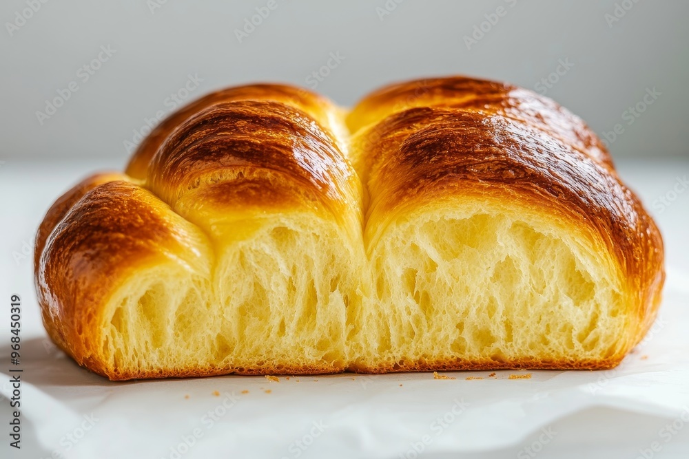 A close-up shot of a golden-brown brioche loaf, showcasing its soft and ...