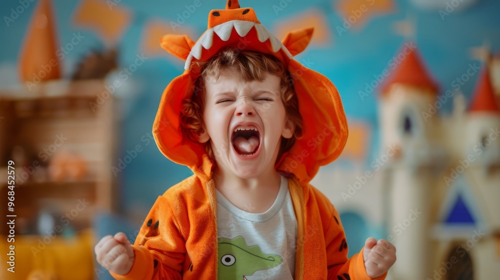 child in a dragon costume, playfully roaring and pretending to breathe ...