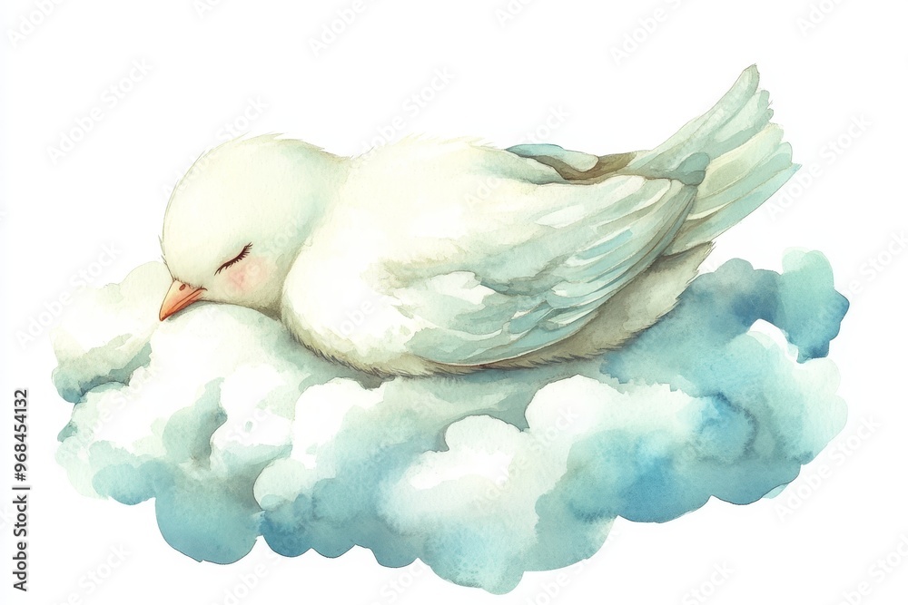 A delicate watercolor illustration of a small, white dove resting ...