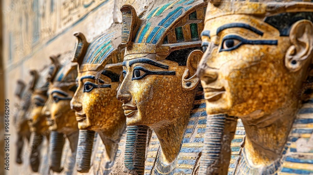 Ancient Egyptian Pharaoh Statues with Gold and Blue Decoration Stock ...