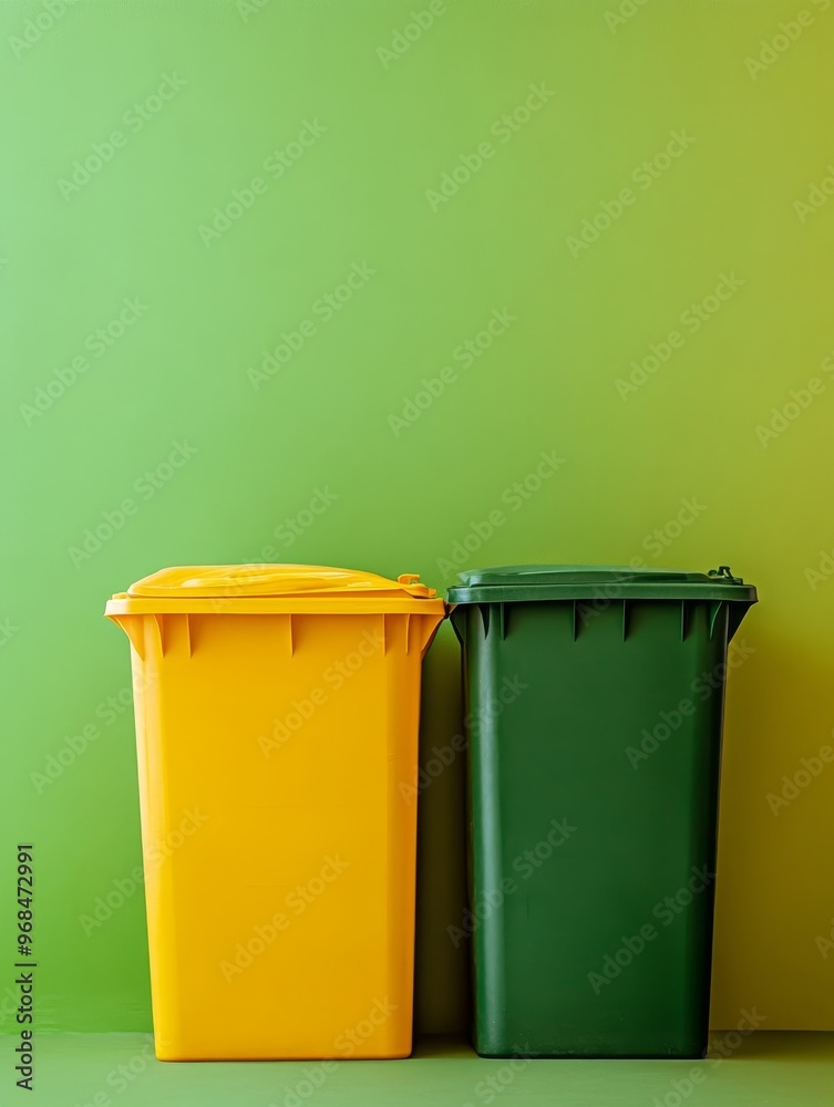 Two recycling bins, one yellow and one green, stand side-by-side ...