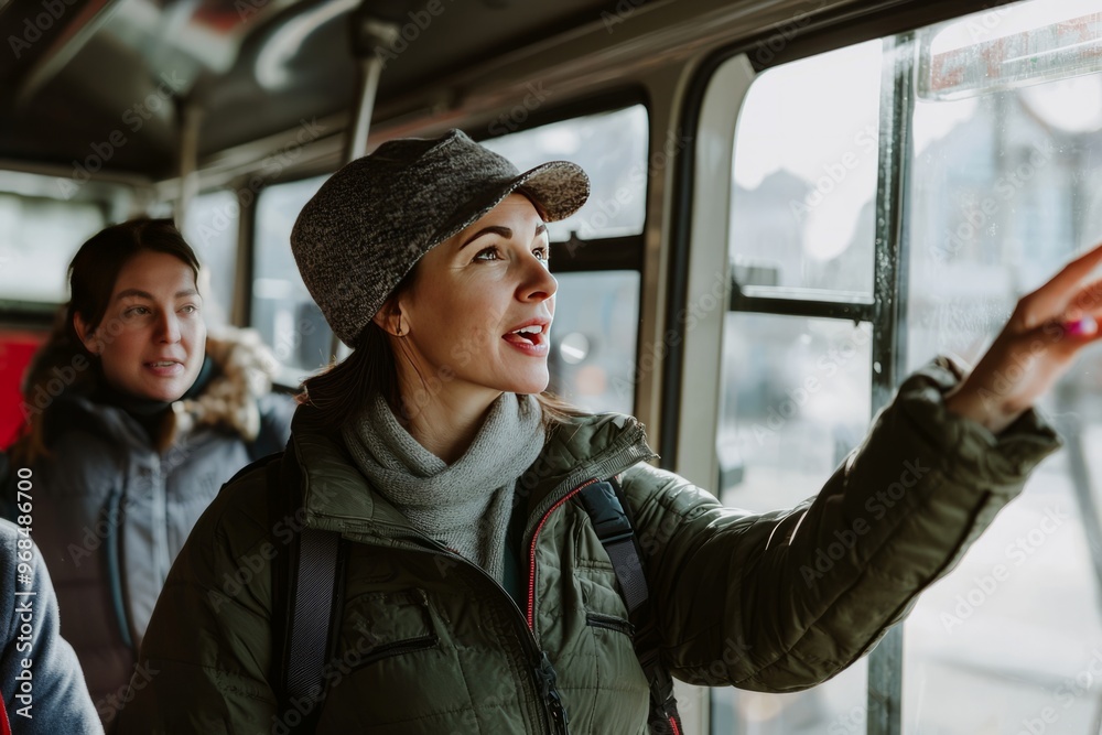 Female tour guide with a group on a city bus tour. She is pointing out ...