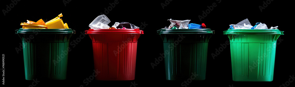 Four Diverse Trash Cans Overflowing with Garbage, Black Background ...