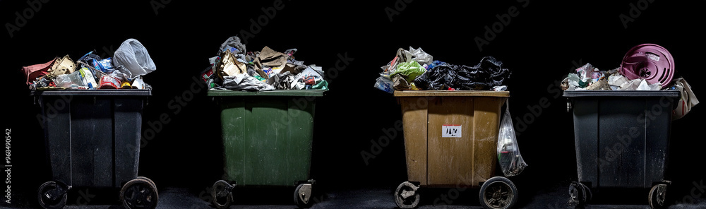Four Diverse Trash Cans Overflowing with Garbage, Black Background ...
