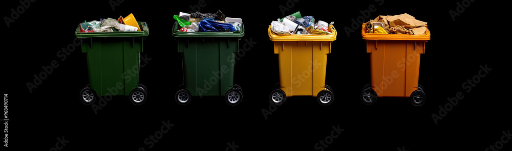 Four Diverse Trash Cans Overflowing with Garbage, Black Background ...