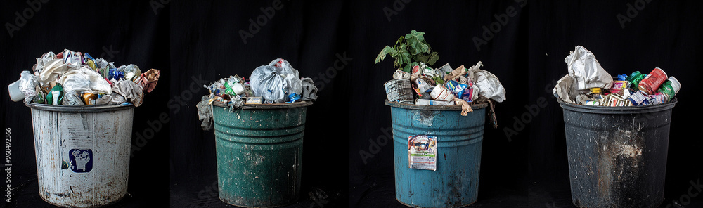 Set of Four Distinct Trash Cans Overflowing with Various Types of ...
